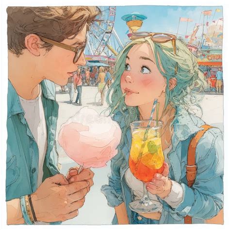 Young Couple Enjoying Cotton Candy And Drinks At A Summer Fair Stock