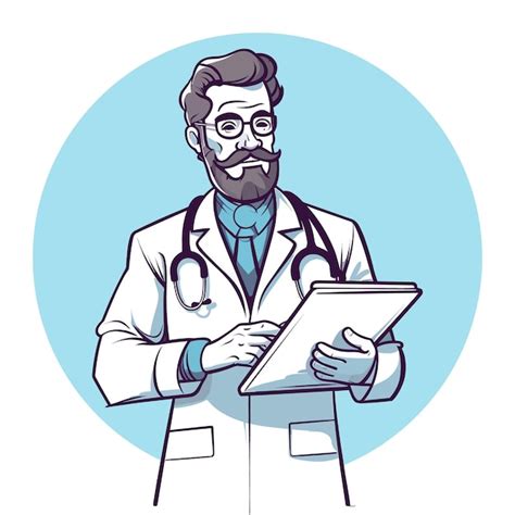 클립보드를 들고 의사 벡터 일러스트와 함께 젊은 만화 의사 의료 개념 프리미엄 벡터