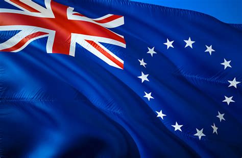 쿡 제도 국기입니다 3d는 깃발 디자인을 흔들며 쿡 제도의 국가 상징 3d 렌더링 쿡 제도 배경 벽지의 국가 상징입니다 3d 리본 벽지 패턴 배경 N 0명에 대한 스톡 사진