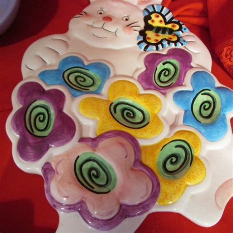 Vintage Ceramic Easter Egg Plate 7 Egg Holder Bunnies Flowers Platter