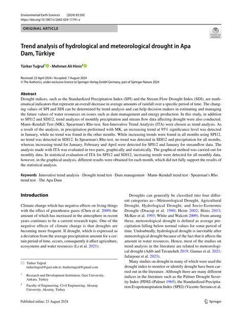 Pdf Trend Analysis Of Hydrological And Meteorological Drought In Apa Dam Türkiye