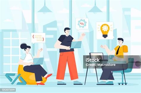 개발자는 평면 디자인의 개념에 팀 사무실 현장에서 팀워크 남자와 여자 코딩 프로그래밍 브레인 스토밍 함께 작업 프로젝트 방문 페이지에 대한 사람 문자의 벡터 그림 개념에