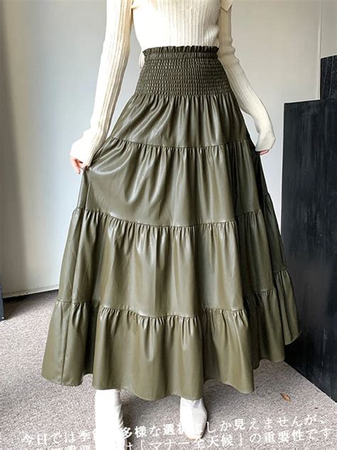 Tigena 여성용 인조 가죽 맥시 스커트 패치워크 A 라인 하이 웨이스트 Pu 롱 스커트 여성 카키 2023 가을 겨울 패션