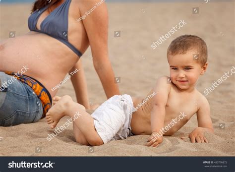 Cropped Image Pregnant Mother Son Lying Stock Photo Shutterstock