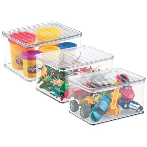 Mdesign Playroomgaming Storage Organizer Box With Hinged Lid 3 Pack Clear Boîte De Rangement