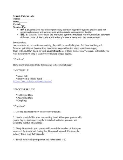 Muscle Fatigue Lab Biology Experiment Worksheet