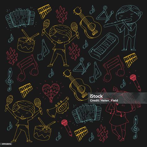 음악 악기 드럼 플 룻 아코디언 트럼펫 피아노 음악 성능 및 학교 연령 어린이 어린이 오케스트라와 음악 뮤지컬 극장 유치원