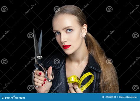 Woman With Big Sewing Scissors Stock Image Image Of Caucasian Clothing 135864591