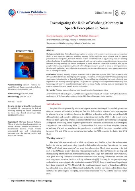 Pdf Investigating The Role Of Working Memory In Speech Perception In Noise
