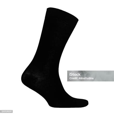 광고 브랜딩 디자인 사이드 뷰 템플릿을 위한 모형으로 흰색 배경에 고립 된 보이지 않는 발에 빈 검은 면 긴 양말 0명에 대한 스톡 사진 및 기타 이미지 Istock