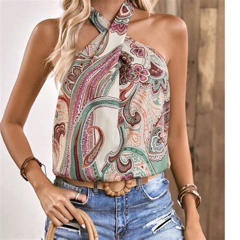 Tops Boho Paisley Print Satin Halter Tank Top Poshmark