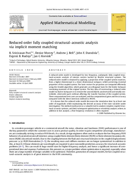Pdf Reduced Order Fully Coupled Structuralacoustic Analysis Via