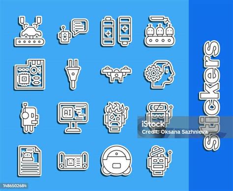 라인 로봇 배터리 부족 휴머노이드 로봇 배터리 전기 플러그 마더 보드 디지털 칩 공장의 로봇 팔 및 드론 아이콘을 설정합니다 벡터 가공의 인물에 대한 스톡 벡터 아트 및