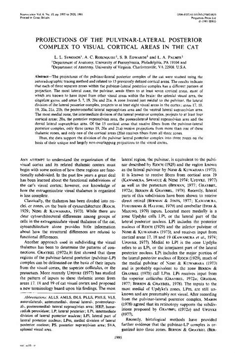 Pdf Projections Of The Pulvinar Lateral Posterior Complex To Visual Cortical Areas In The Cat