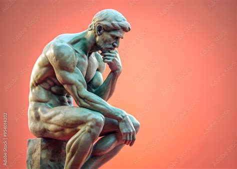 Classic Statue Of A Thinking Man In A Traditional Contemplative Pose Set Against A Warm Orange