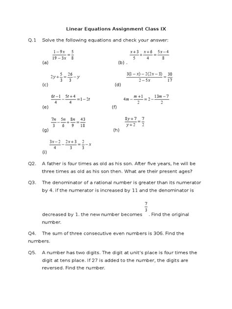 Linear Equations Assignment 1 Pdf Rupee Fraction Mathematics Linear Equations Assignment 1 Pdf Rupee Fraction Mathematics