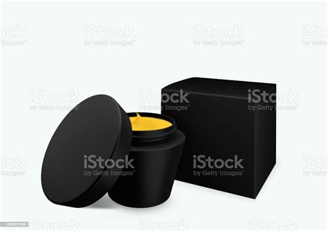 흰색 배경에 빈 검은색 무광택 화장품 항아리가 정면 시야각에 얼룩 크림이 있는 모형 3d 그림 공란에 대한 스톡 사진 및 기타