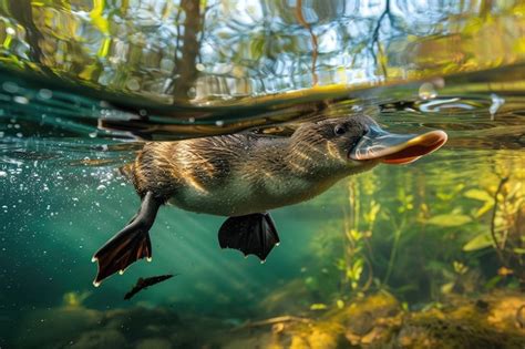 Playful Platypus Swimming Underwater In Sunlight Ai Premium Ai