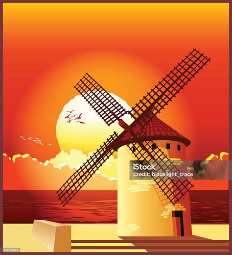 Windmill At Sunset Stok Vektör Sanatı And Akdeniz‘nin Daha Fazla Görseli