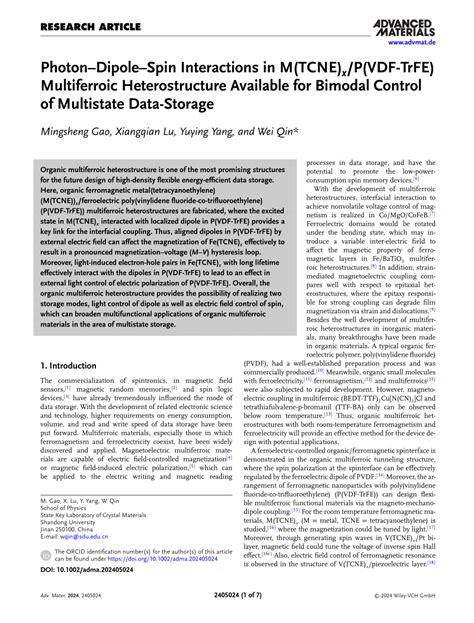 Photon Dipole Spin Interactions In M Tcne X P Vdf‐trfe Multiferroic Heterostructure Available