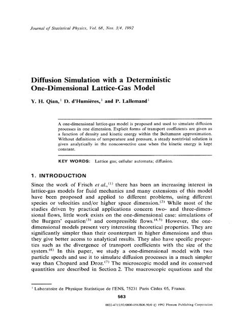 1992 Diffusion Simulation With Deterministic 1d Lga Pdf Diffusion