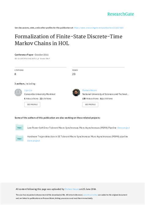 Pdf Formalization Of Finite State Discrete Time Markov Chains In Hol