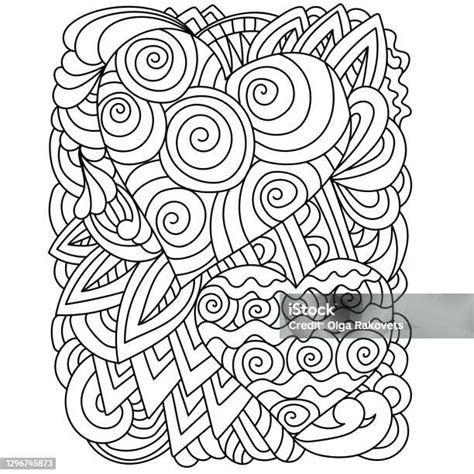 하트와 나선형 컬이 있는 화려한 색칠 페이지 발렌타인 데이를 위한 안티 스트레스 색소 컬러링 북 페이지 일러스트레이션 기법에 대한 스톡 벡터 아트 및 기타 이미지 컬러링