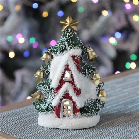 НГ Статуэтка с подсветкой 14 см керамика металл зелено красная Дом с елкой Christmas