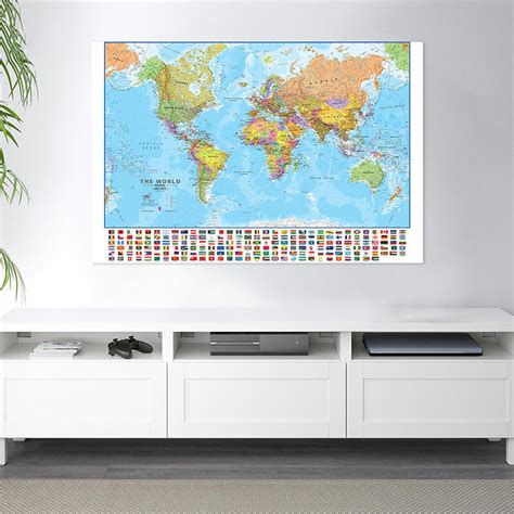 150100cm 세계 정치지도 깃발과 부직포 캔버스 회화 벽 아트 포스터 어린이 연구 용품 홈 인테리어 지도