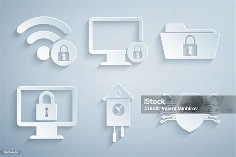 Set Retro Wall Watch Folder And Lock Lock On Monitor Cyber Security And Wifi Locked Icon Vector