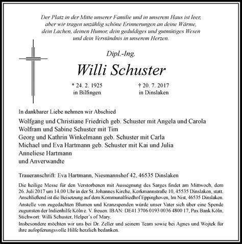 Alle Traueranzeigen Für Willi Schuster Trauer Rp Online De