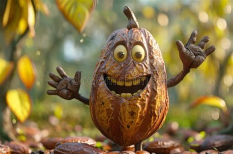 The Cute Character Of The Cartoon Smiling Cocoa Bean Waves His Hands And Greets D Illustration