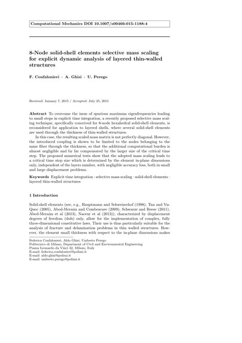 Pdf 8 Node Solid Shell Elements Selective Mass Scaling For Explicit Dynamic Analysis Of