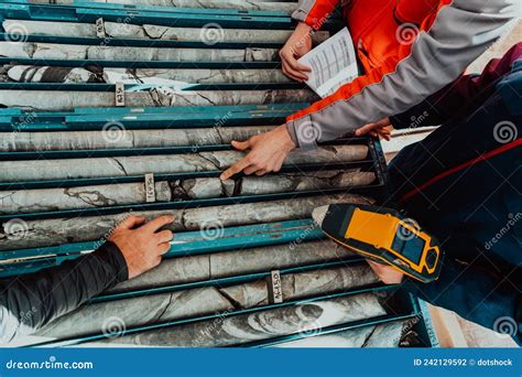 Geological Gold Core Samples With Team Of Mining Workers Measuring Drilled Rock Top View