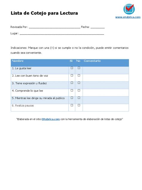 Lista De Cotejo Para Evaluar Lectura Pdf