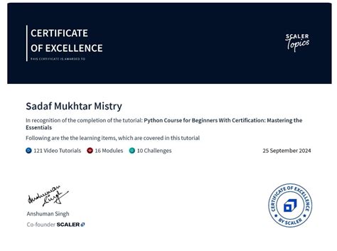 sadaf mistry on linkedin pythonprogramming certificateofexcellence scaler