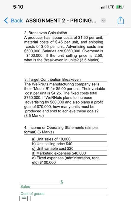 Solved 2 Breakeven Calculation A Producer Has Labour Costs