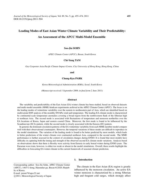 Pdf Leading Modes Of East Asian Winter Climate Variability And Their Predictability An