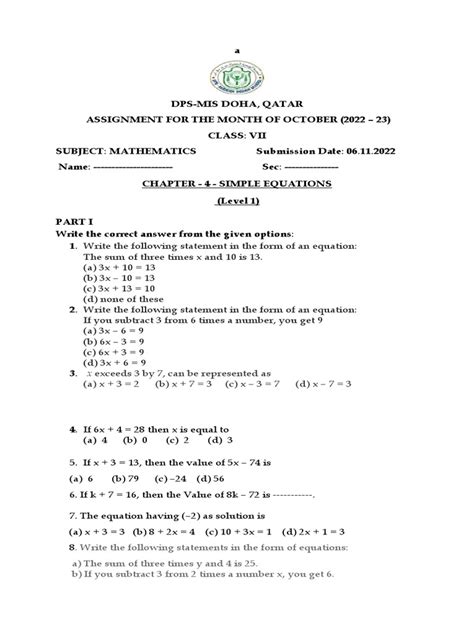 class vii assignment new october 2022 pdf triangle equations
