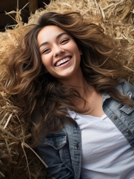 Premium Ai Image Laughing Young Woman With Flowing Hair Lies On A Haystack