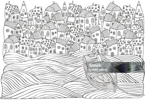 나무 보트는 파도에 떠 있는입니다 해변 주택 보트 바다 낙서 벡터입니다 흑인과 백인 성인 색칠에 대 한 패턴입니다 컬러링 북 페이지 일러스트레이션 기법에 대한 스톡 벡터