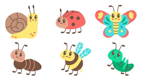 귀여운 곤충 아기 세트 흰색 배경 플랫 벡터 일러스트 레이 션에 판지 낙서 스타일 재미있는 버그 그림 프리미엄 벡터