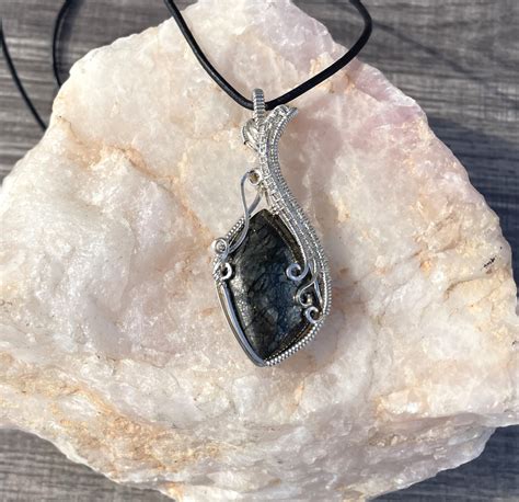 Natural Nipomo Marcasite Wire Wrapped Sterling Silver Pendant 26 Black Leather Necklace 1 X 2