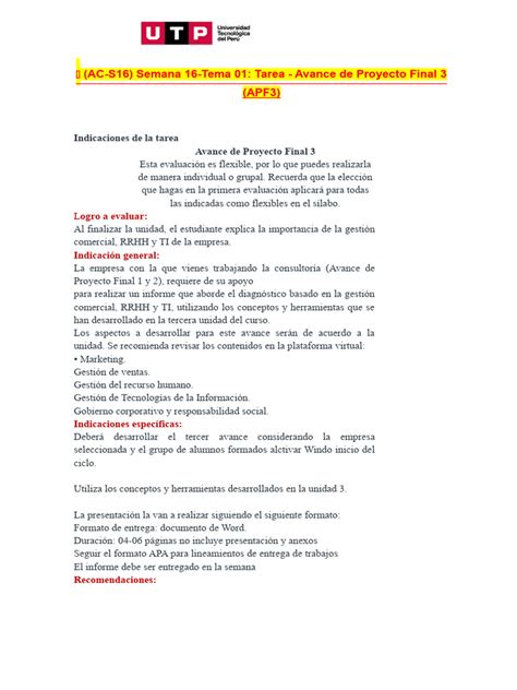 Ac S16 Semana 16 Tema 01 Tarea Avance De Proyecto Final 3 Apf3