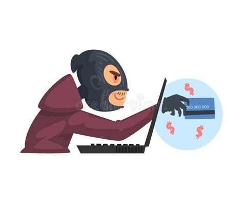 Hacker Man Wearing Gloves And Mask Breaking Into Laptop Vector Illustration Stock Vector