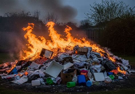A Large Pile Of Burning Trash With Flames Rising Prominently Set