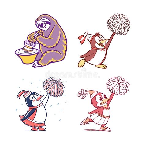Cartoon Cheerleaders Penguin And Cheetah Characters Cheerleading Stock
