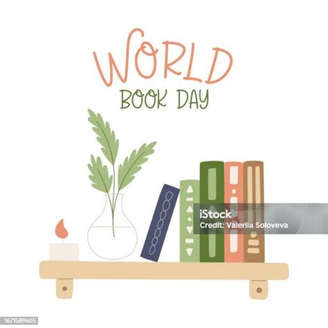 세계 책의 날 인사말 카드 책장에 서 있는 양장본 책 꽃병 촛불 책을 좋아하는 날을 위한 장식 흰색 배경에 분리된 평면 만화 벡터 그림 국제 문해의 날에 대한 스톡 벡터