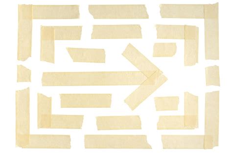 덕트 테이프와 접착 종이는 모서리와 화살표를 형성하도록 배열됩니다 흰색 배경에 고립된 주름진 마스킹 테이프 조각과 조각 개체 그룹에 대한 스톡 사진 및 기타 이미지 Istock