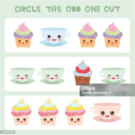 시각적 논리 원 이상 한 퍼즐 분홍색 뺨을 가진 귀여운 다채로운 컵 케 잌은 커피 컵와 흰색 바탕에 파스텔 색상 눈을 윙크 벡터 놀기에 대한 스톡 벡터 아트 및 기타 이미지